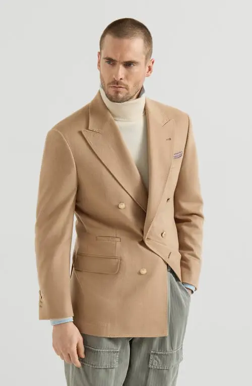 Brunello Cucinelli Flannel One-and-a-half Breasted Tailor Blazer With Metal Buttons - Camel