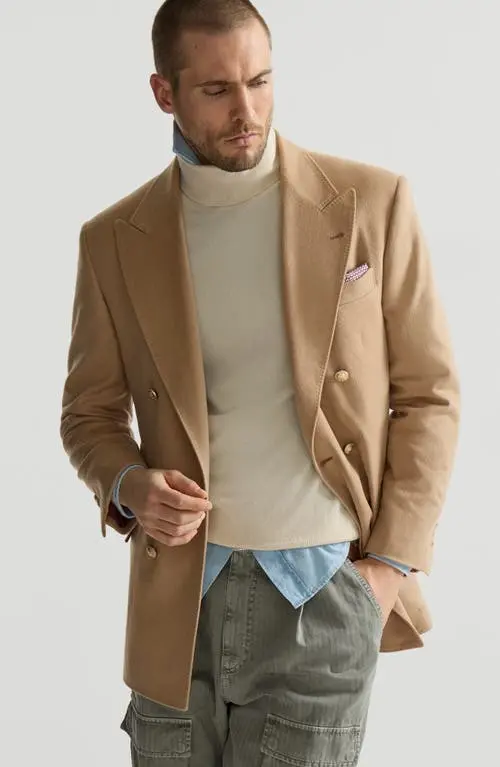 Brunello Cucinelli Flannel One-and-a-half Breasted Tailor Blazer With Metal Buttons - Camel
