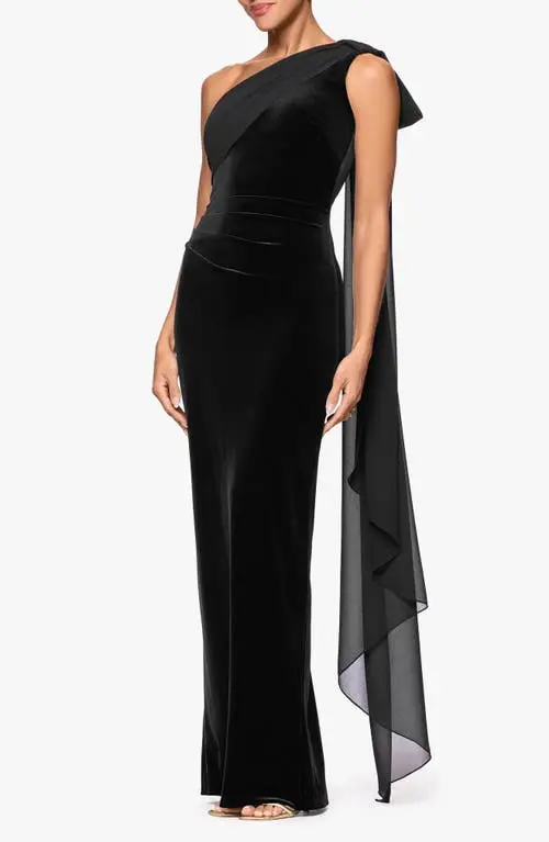 XSCAPE EVENINGS One-shoulder Stretch Velvet Gown With Chiffon Sash