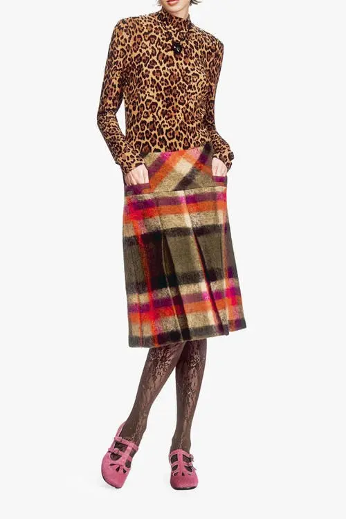 Anna Sui Brushed Wool Plaid Pleated Skirt
