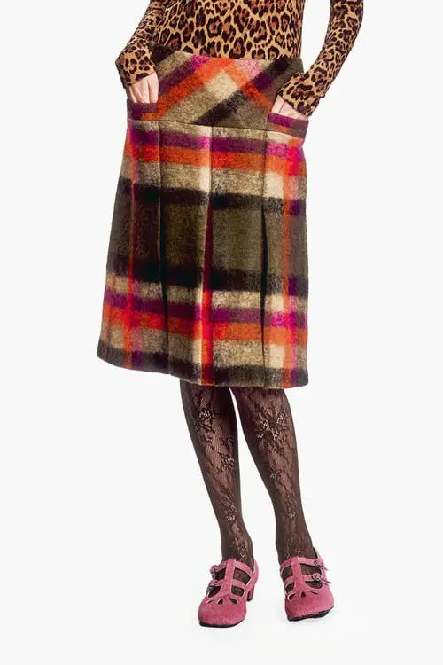 Anna Sui Brushed Wool Plaid Pleated Skirt