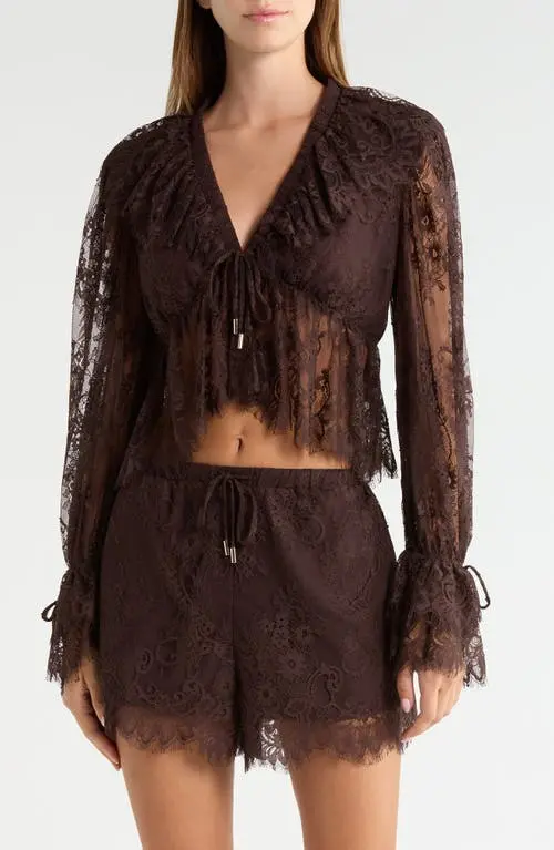 KITTENISH Long Sleeve Crop Lace Top - Chocolate Plum