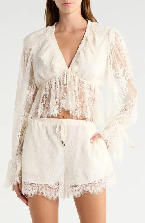 KITTENISH Long Sleeve Crop Lace Top - Egret