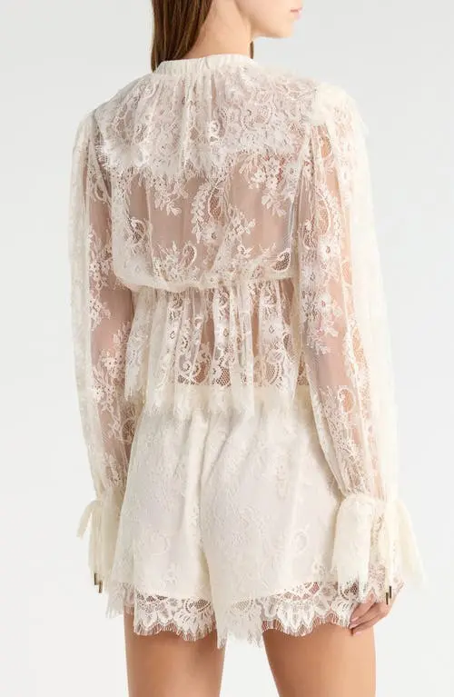 KITTENISH Long Sleeve Crop Lace Top - Egret
