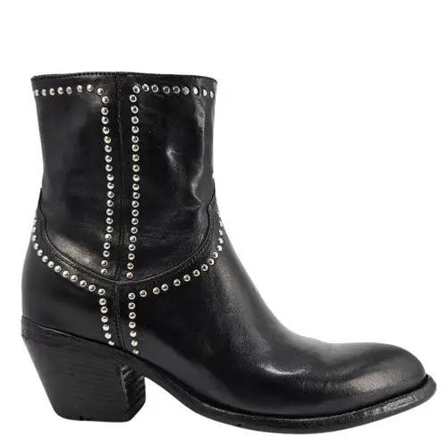 MADISON MAISON Leather Studded Western Ankle Boot - Black