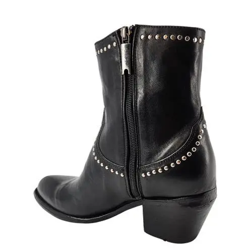 MADISON MAISON Leather Studded Western Ankle Boot - Black