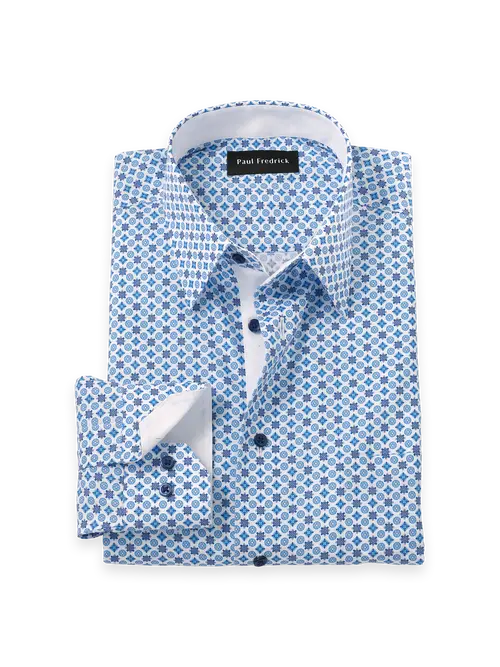 PAUL FREDRICK Cotton Point Collar Poplin Slim Contrast Trim Button Cuff Long Sleeve - Blue