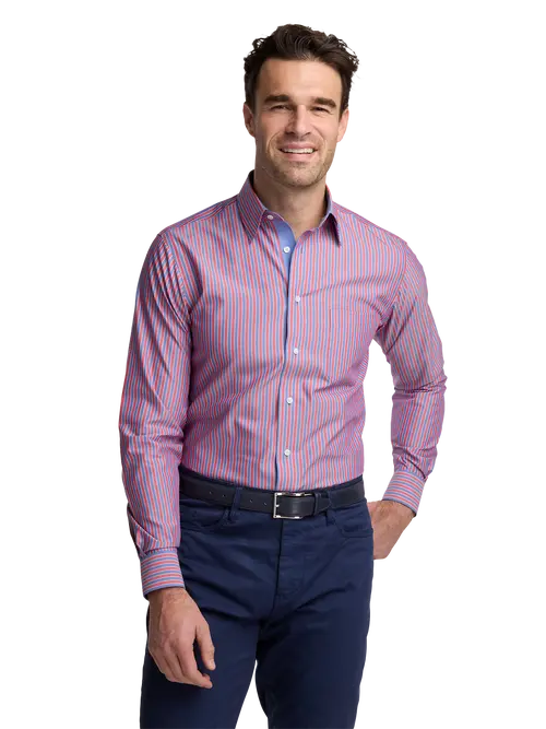 PAUL FREDRICK Cotton Point Collar Poplin Slim Contrast Trim Button Cuff Long Sleeve - Blue/red