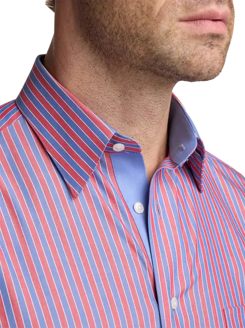 PAUL FREDRICK Cotton Point Collar Poplin Slim Contrast Trim Button Cuff Long Sleeve - Blue/red