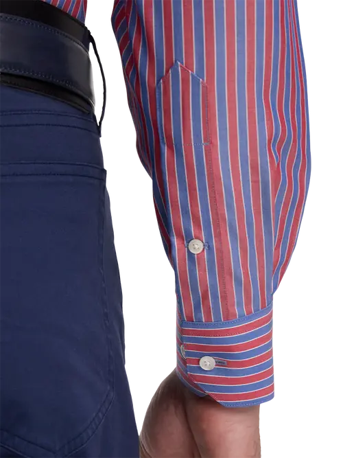 PAUL FREDRICK Cotton Point Collar Poplin Slim Contrast Trim Button Cuff Long Sleeve - Blue/red