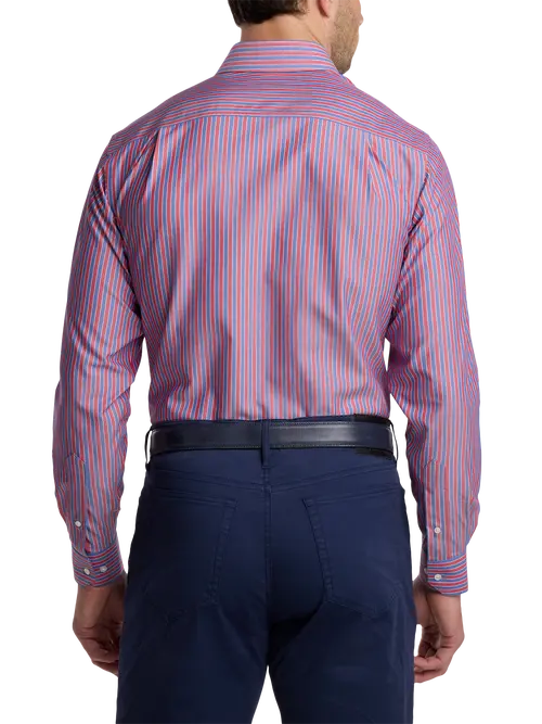 PAUL FREDRICK Cotton Point Collar Poplin Slim Contrast Trim Button Cuff Long Sleeve - Blue/red