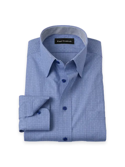 PAUL FREDRICK Cotton Buttondown Collar Broadcloth Classic Contrast Trim Button Cuff Long Sleeve Shirt - Medium Blue