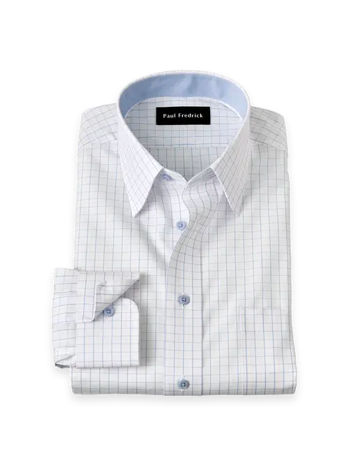 PAUL FREDRICK Cotton Buttondown Collar Broadcloth Classic Contrast Trim Button Cuff Long Sleeve Shirt - White Multi