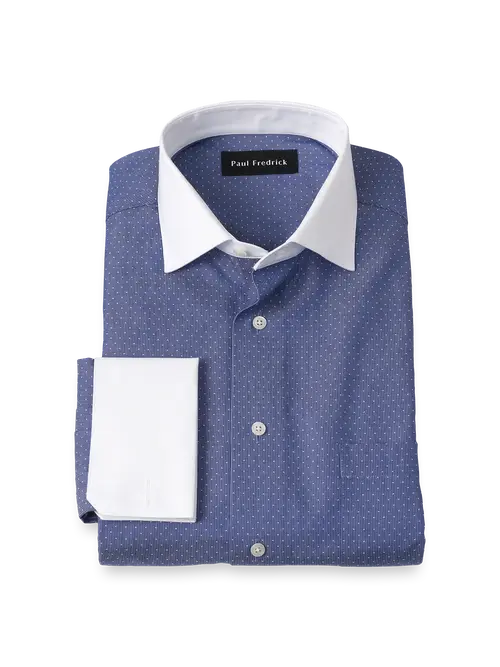 PAUL FREDRICK Cotton Spread Collar Dobby Classic Contrast Trim French Cuff Long Sleeve - Blue