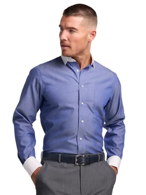 PAUL FREDRICK Cotton Spread Collar Dobby Classic Contrast Trim French Cuff Long Sleeve