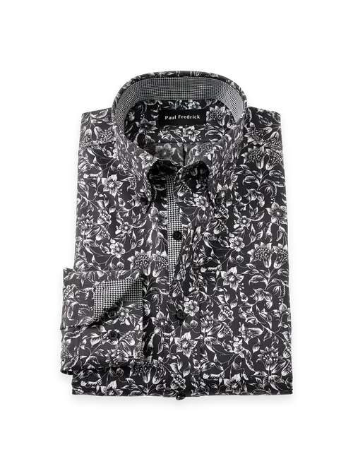 PAUL FREDRICK Cotton Buttondown Collar Pinpoint Classic Contrast Trim Button Cuff Long Sleeve - Black