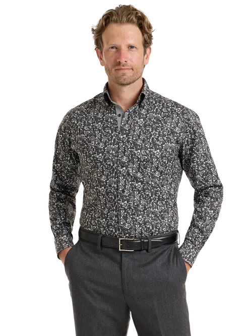 PAUL FREDRICK Cotton Buttondown Collar Pinpoint Classic Contrast Trim Button Cuff Long Sleeve - Black