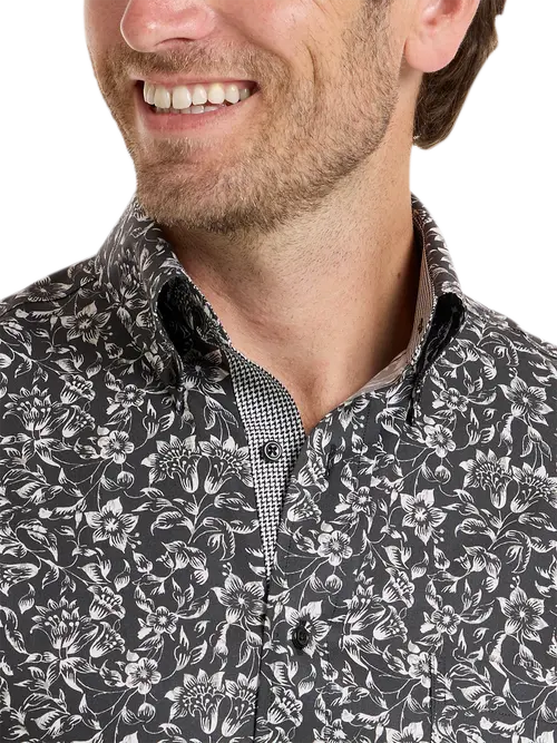 PAUL FREDRICK Cotton Buttondown Collar Pinpoint Classic Contrast Trim Button Cuff Long Sleeve - Black