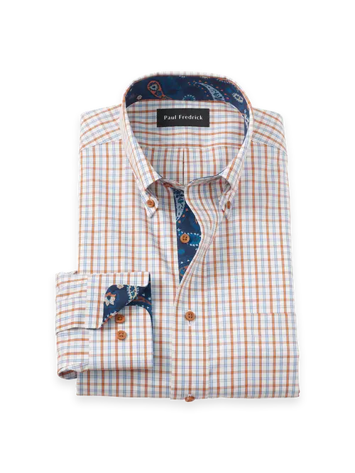 PAUL FREDRICK Cotton Buttondown Collar Pinpoint Classic Contrast Trim Button Cuff Long Sleeve - Blue/orange