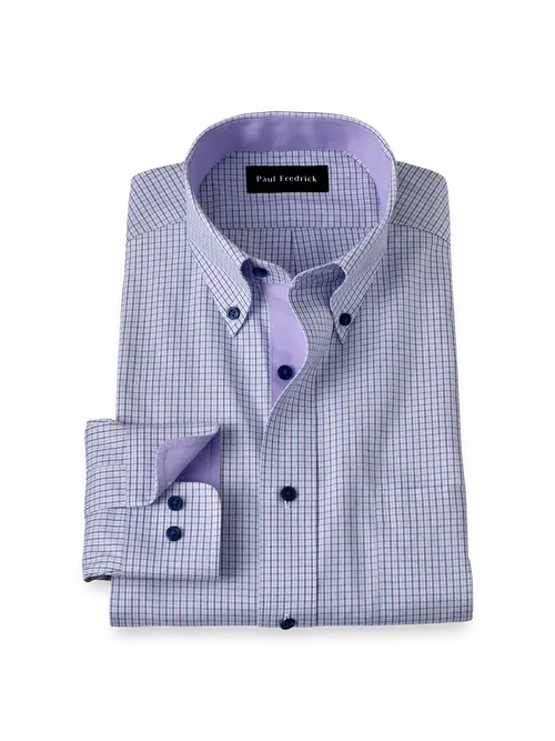 PAUL FREDRICK Cotton Buttondown Collar Pinpoint Classic Contrast Trim Button Cuff Long Sleeve - Purple