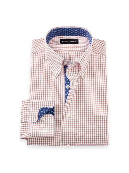 PAUL FREDRICK Cotton Buttondown Collar Pinpoint Classic Contrast Trim Button Cuff Long Sleeve - White/orange