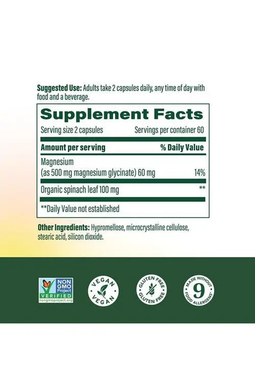 MEGAFOOD Magnesium Glycinate 500mg, Sleep Support, 60mg Elemental Magnesium