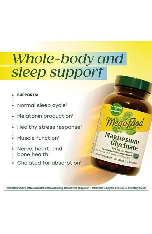 MEGAFOOD Magnesium Glycinate 500mg, Sleep Support, 60mg Elemental Magnesium