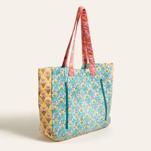 ZSA ZSA ZSU Rajpath Block Printed 100% Cotton Bag 16.5" Artisan Bag - Blue