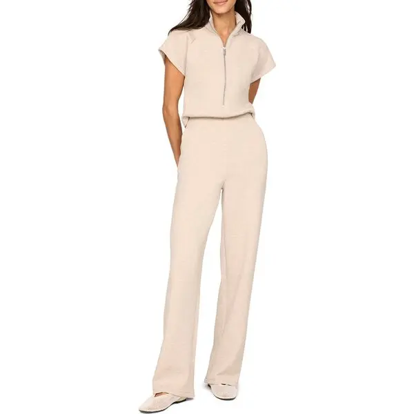 Spanx Pintuck Half Zip Jumpsuit - Bone Heather