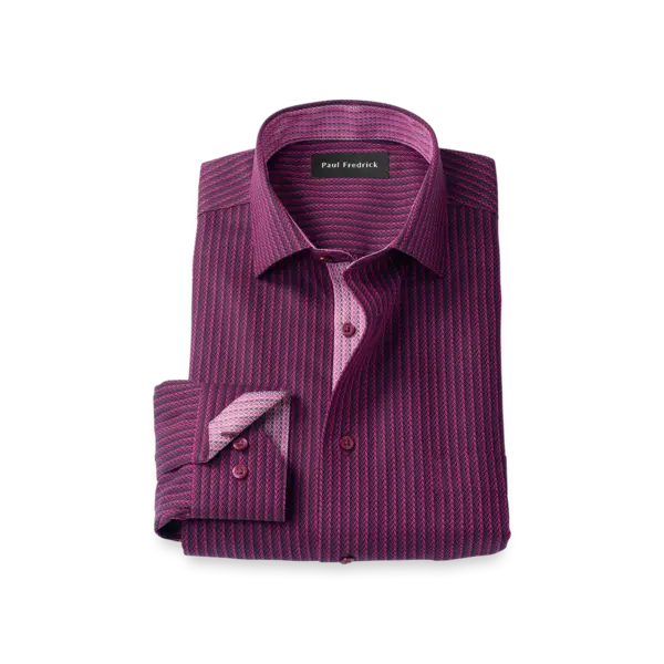 PAUL FREDRICK Cotton Spandex Spread Collar Twill Classic Contrast Trim Button Cuff Long Sleeve - Burgundy