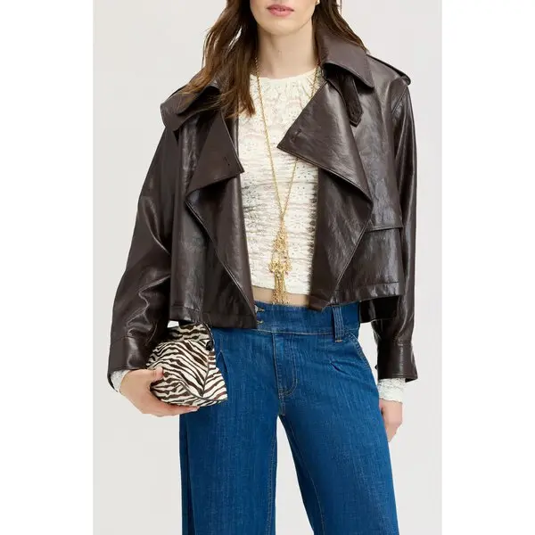 Sam Edelman Draped Faux Leather Jacket With Notched Lapels - Dark Brown