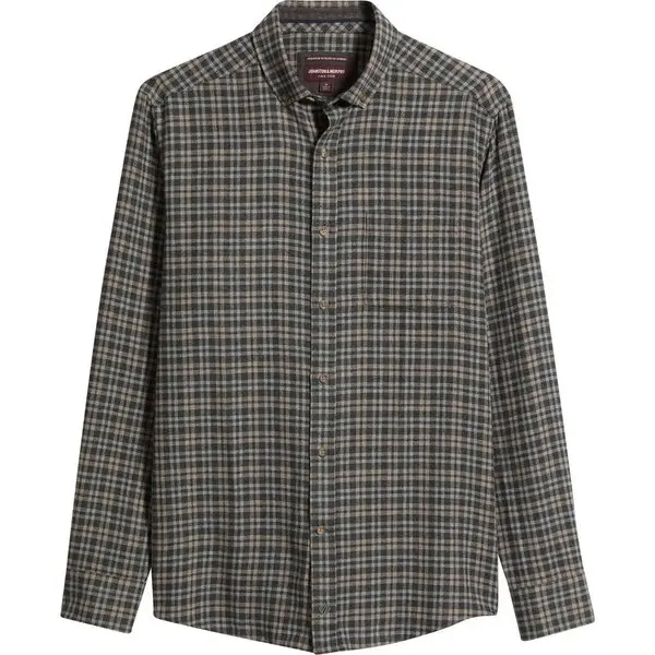 Johnston & Murphy Neal Heathered Check Flannel Button-down Shirt - Charcoal/tan Split Plaid
