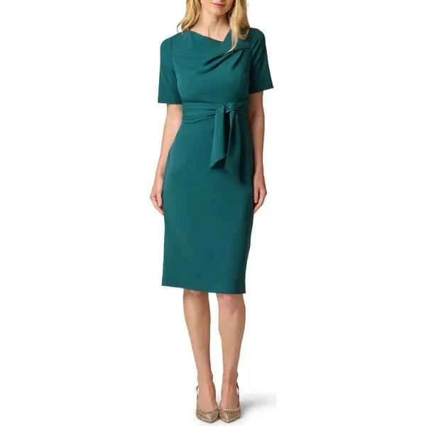 Adrianna Papell Tie Waist Crepe Sheath Dress - Hunter