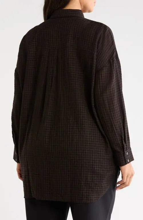 Eileen Fisher Classic Collar Long Shirt In Checked Blend - Coffee