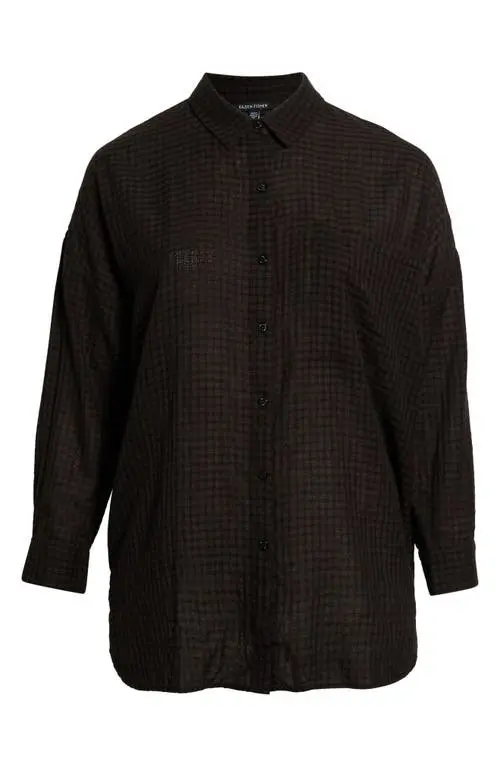 Eileen Fisher Classic Collar Long Shirt In Checked Blend - Coffee