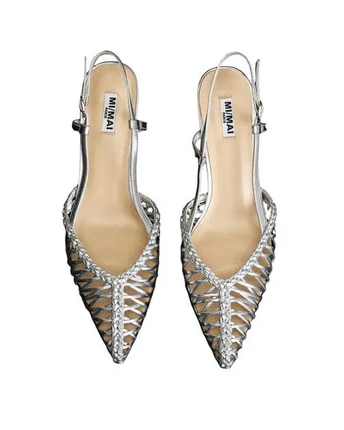 MI/MAI Tessa Woven Pointed Slingback Sandals - Silver