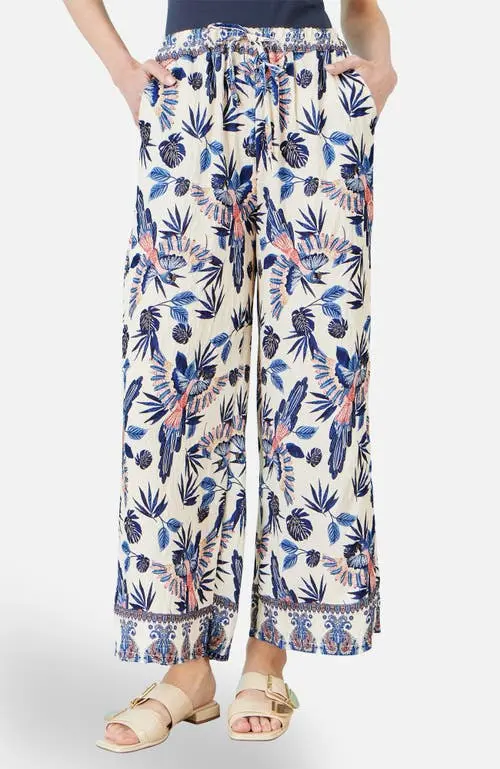 YUMI Bird Print Viscose Wide Leg Trousers - Blue
