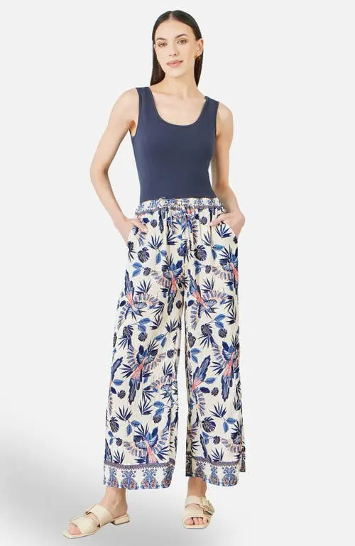 YUMI Bird Print Viscose Wide Leg Trousers - Blue