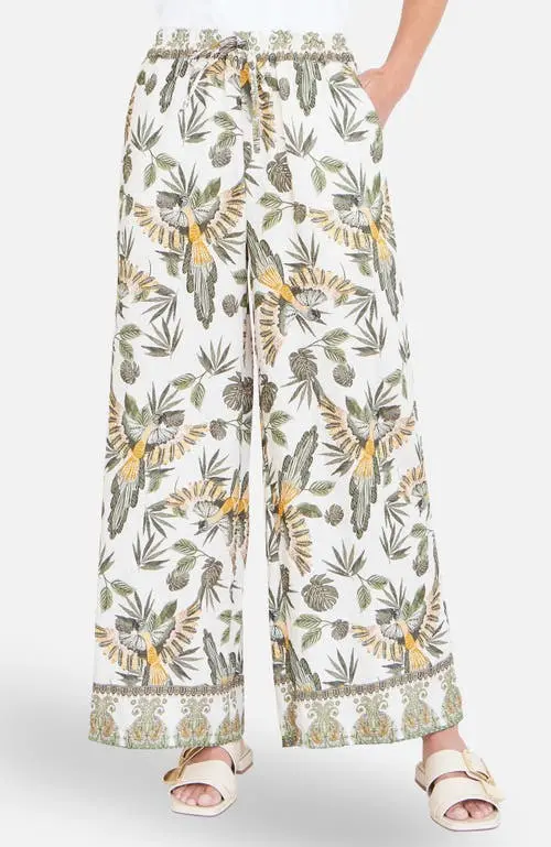 YUMI Bird Print Viscose Wide Leg Trousers - Green