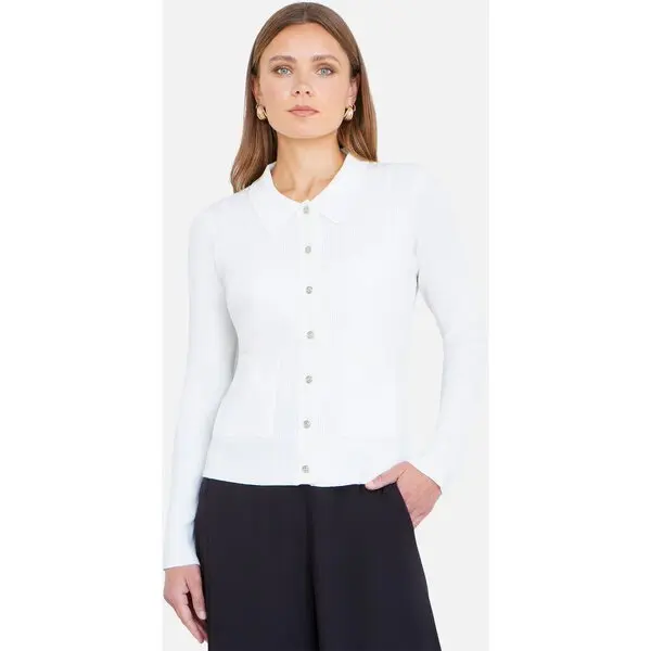 YUMI Ribbed Collar Button Up Cardigan - Ivory