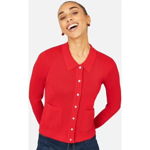 YUMI Ribbed Collar Button Up Cardigan - Red