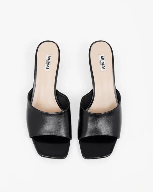 MI/MAI Liz Leather Low Heeled Mule Sandals - Black
