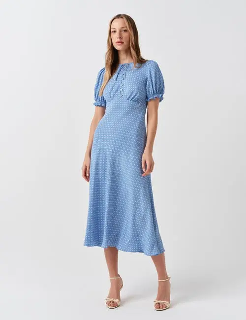 GHOST LONDON Clarissa Tie Front Midi Dress - Blue Spot