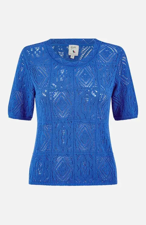 YUMI Cotton Crochet Knitted Top - Blue