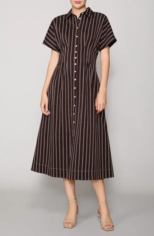 MELLODAY Contrast Stitch Midi Shirtdress - Brown Stripe