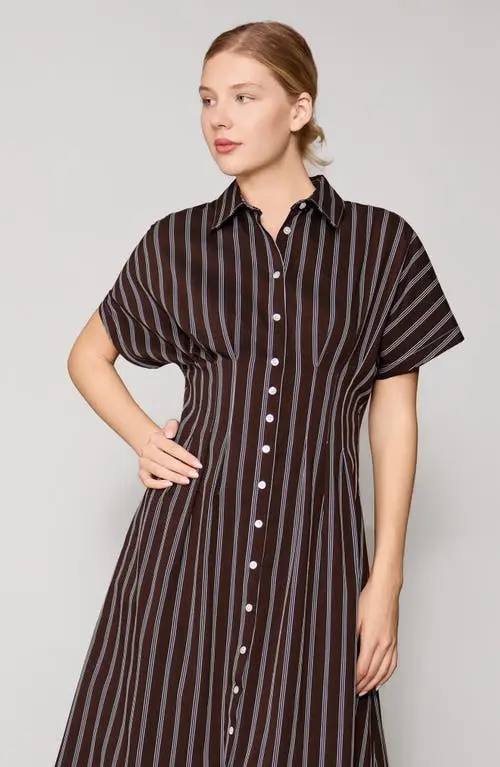 MELLODAY Contrast Stitch Midi Shirtdress - Brown Stripe