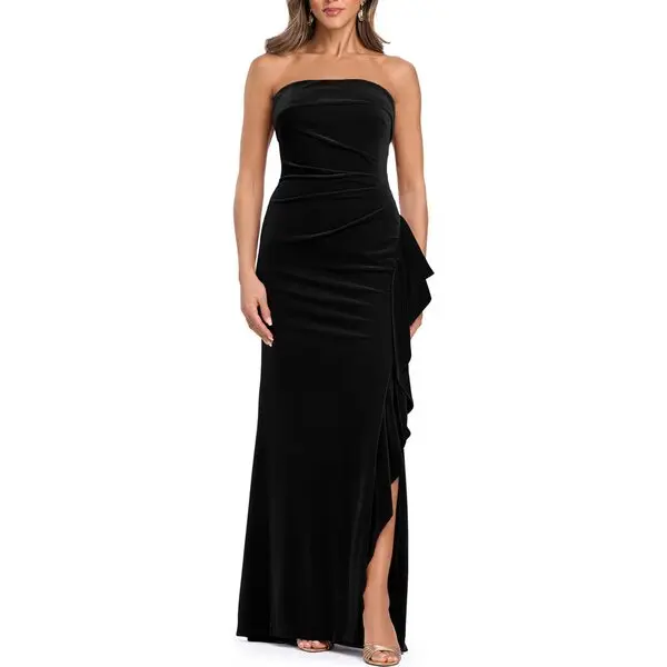 XSCAPE EVENINGS Strapless Velvet Gown With Ruffles And Slit - Black
