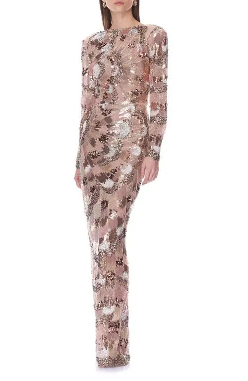 BRONX BANCO Sequin & Beaded Long Sleeve Gown