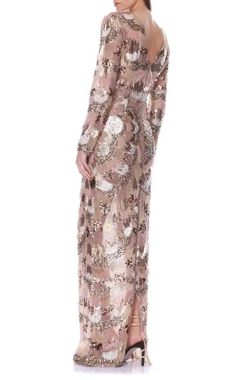 BRONX BANCO Sequin & Beaded Long Sleeve Gown