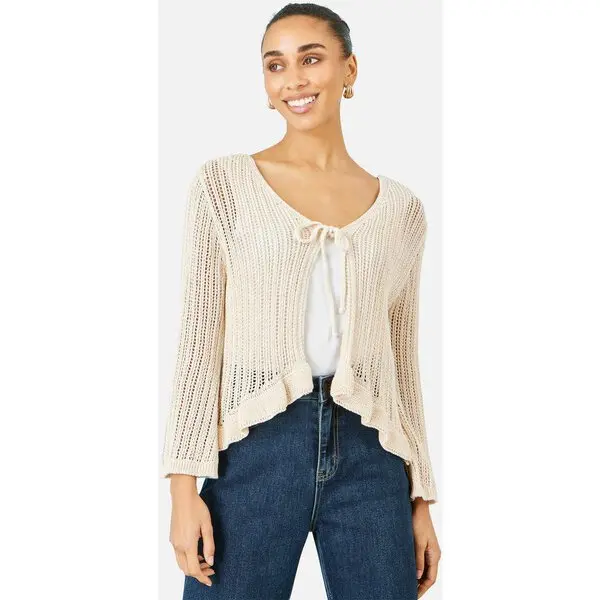 YUMI Tie Front Pointelle Cardigan - Beige